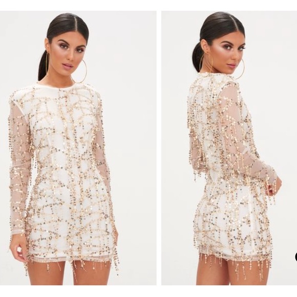 PrettyLittleThing | Dresses | Plt Rose Gold Sequin Long Sleeve Bodycon ...